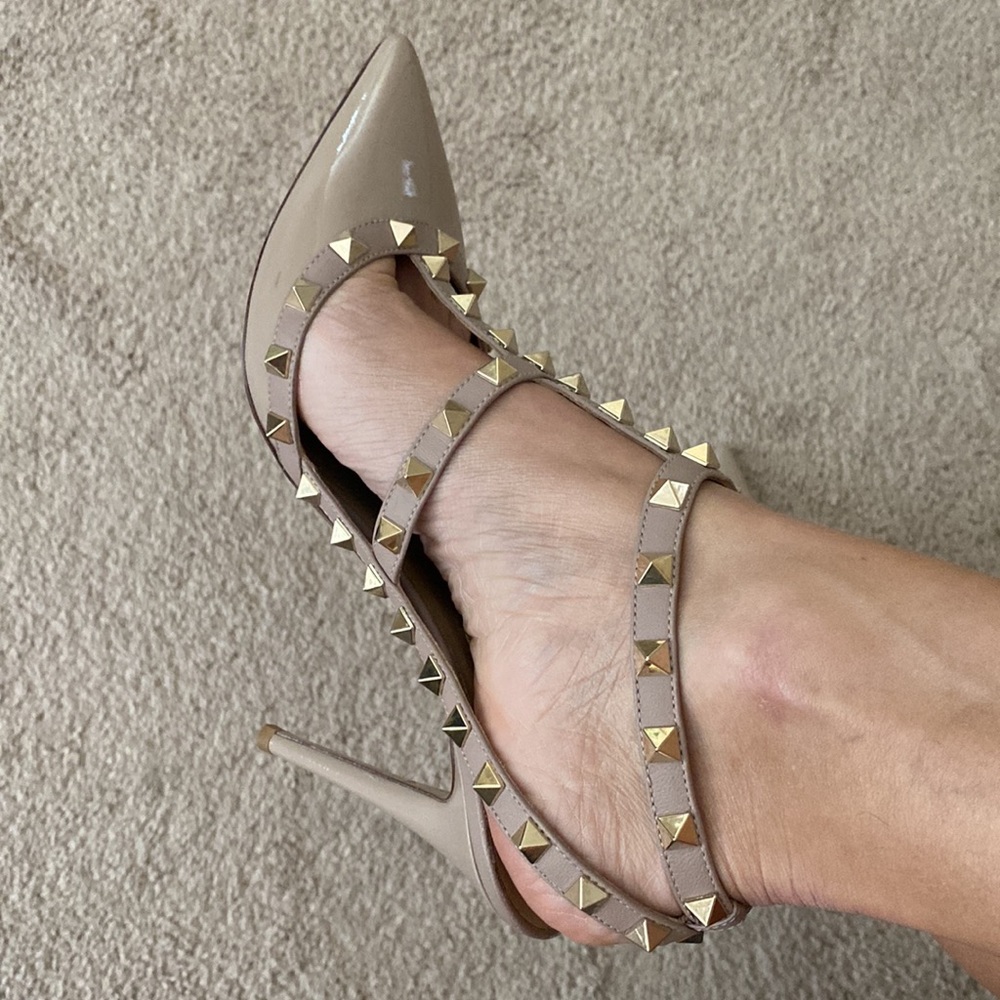 Valentino Rock Stud Heels, Nude, Gold Spikes - Gem